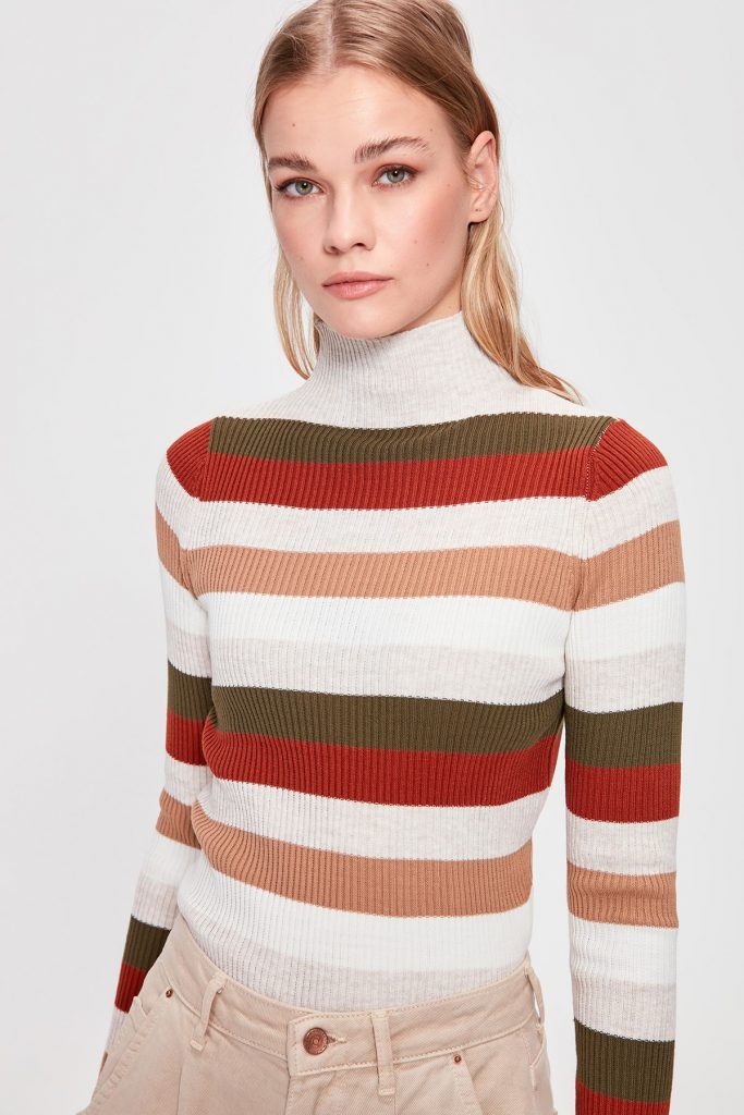 Multi Colored Striped Turtleneck Sweater - BEREN